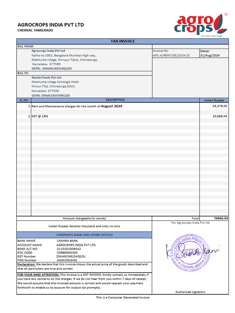 Agro - Rental-Invoice | PDF