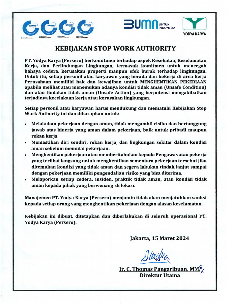 Kebijakan Stop Work Authority | PDF