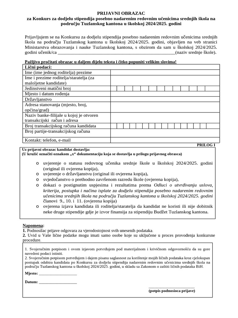 PRIJAVNI OBRAZAC Srednje Stipendije | PDF