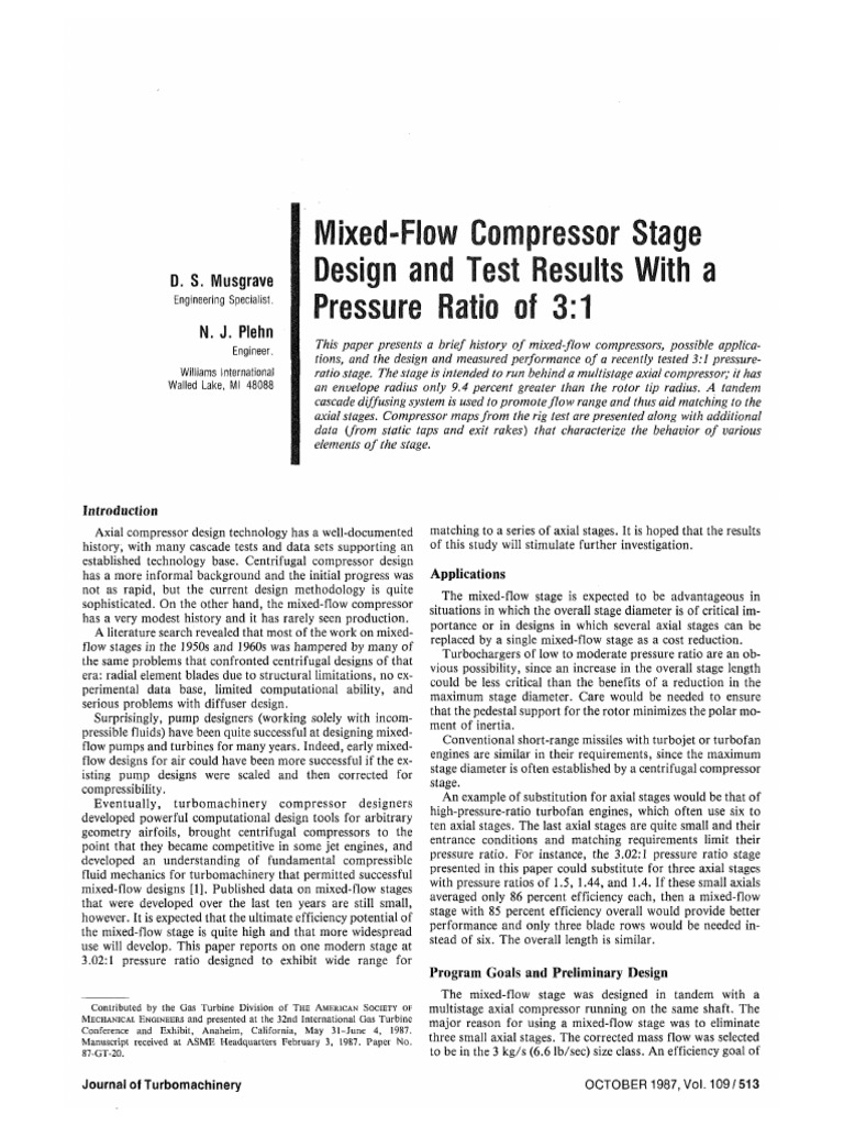 Mixed-Flow Compressor Stage and Test Results With A Pressure Ratio of | PDF