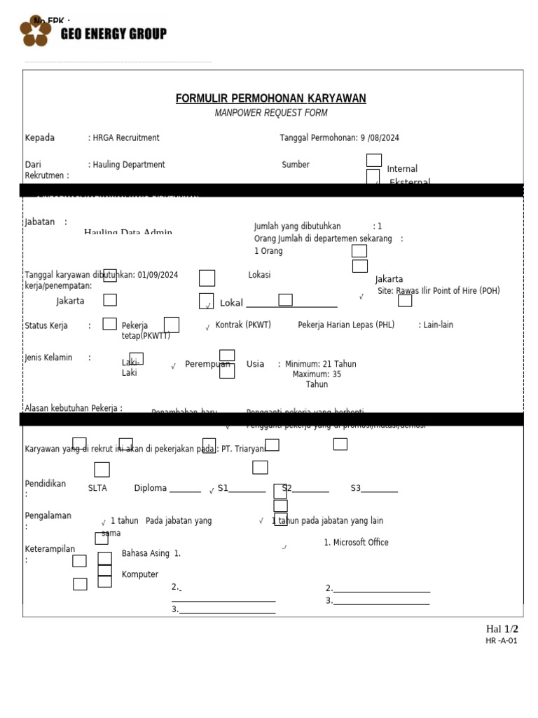 HR - A-01 Manpower Request Form - Admin Hauling | PDF