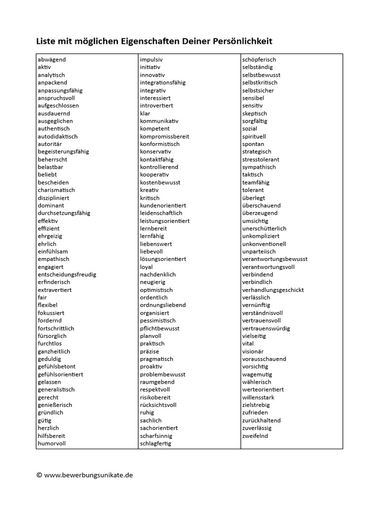 Liste Mit Möglichen Eigenschaften Deiner Persönlichkeit | PDF