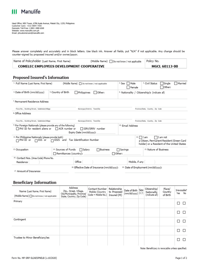 Individual Manulife Form | PDF