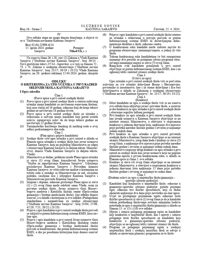 Odluka o Kriterijima Za Prijem Ucenika U Prvi Razred Srednjih Skola ...