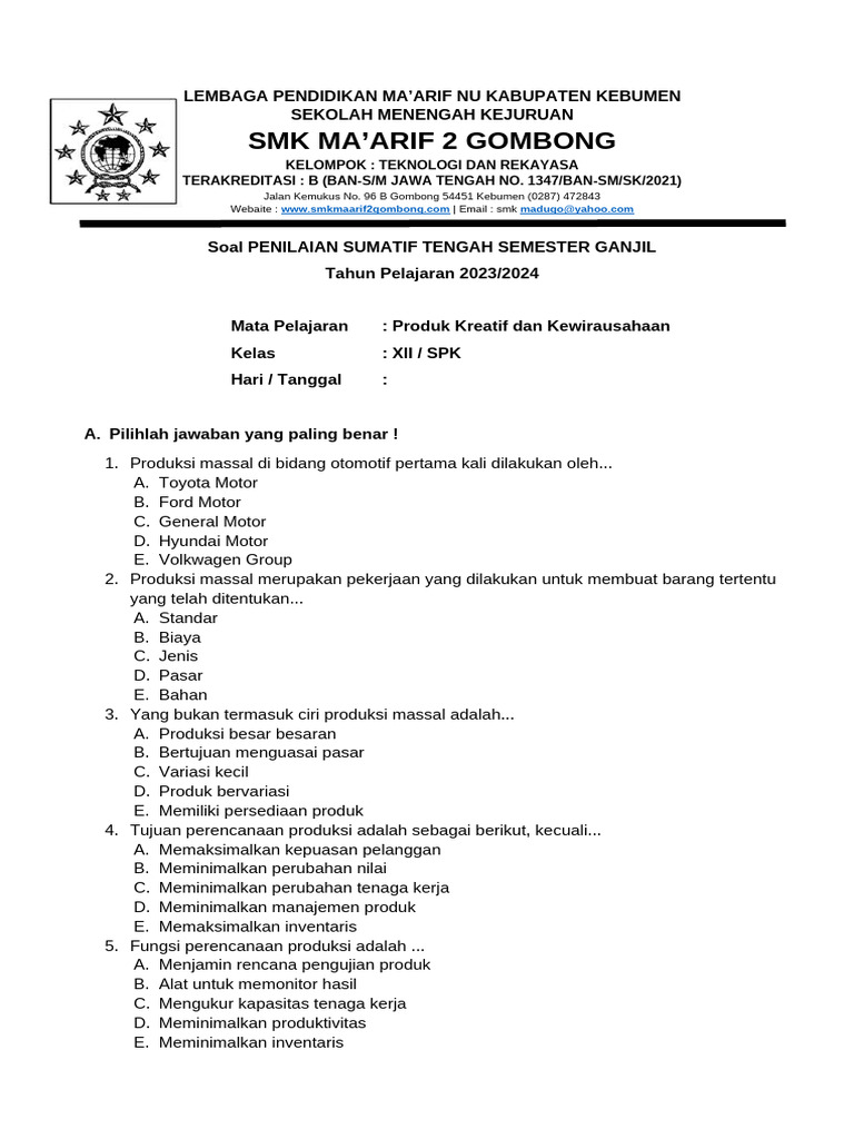 SOAL PTS Mata Pelakaran PKK XII Ganjil - Produksi Masal | PDF
