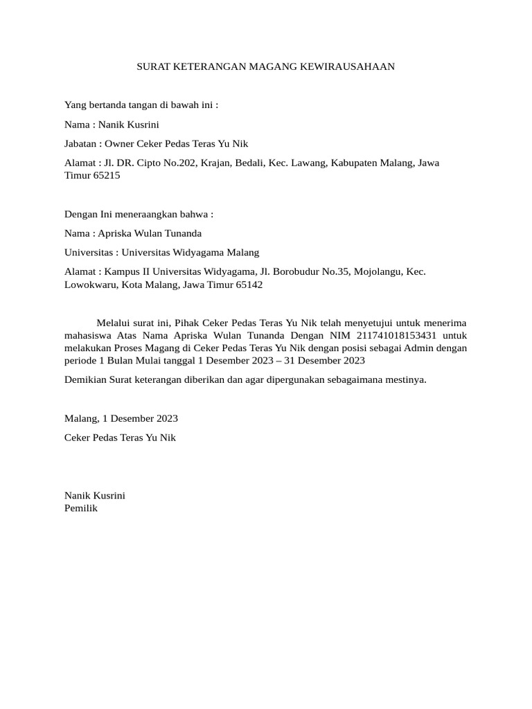 Surat Keterangan Magang Kewirausahaan Apriska Wulan | PDF