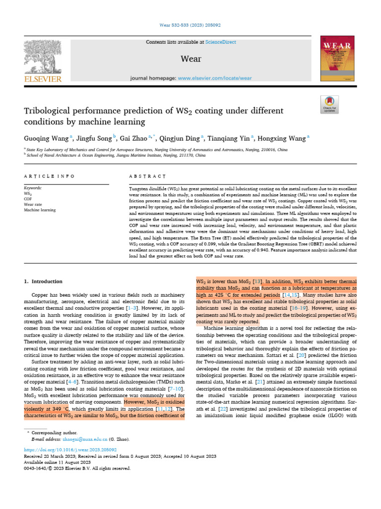 Tribocorrosion Properties of WS2 Coating | PDF