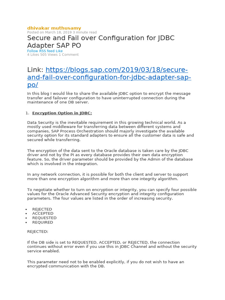 Secure and Fail Over Configuration For JDBC Adapter SAP PO | PDF Secure and Fail Over Configuration For JDBC Adapter SAP PO | PDF