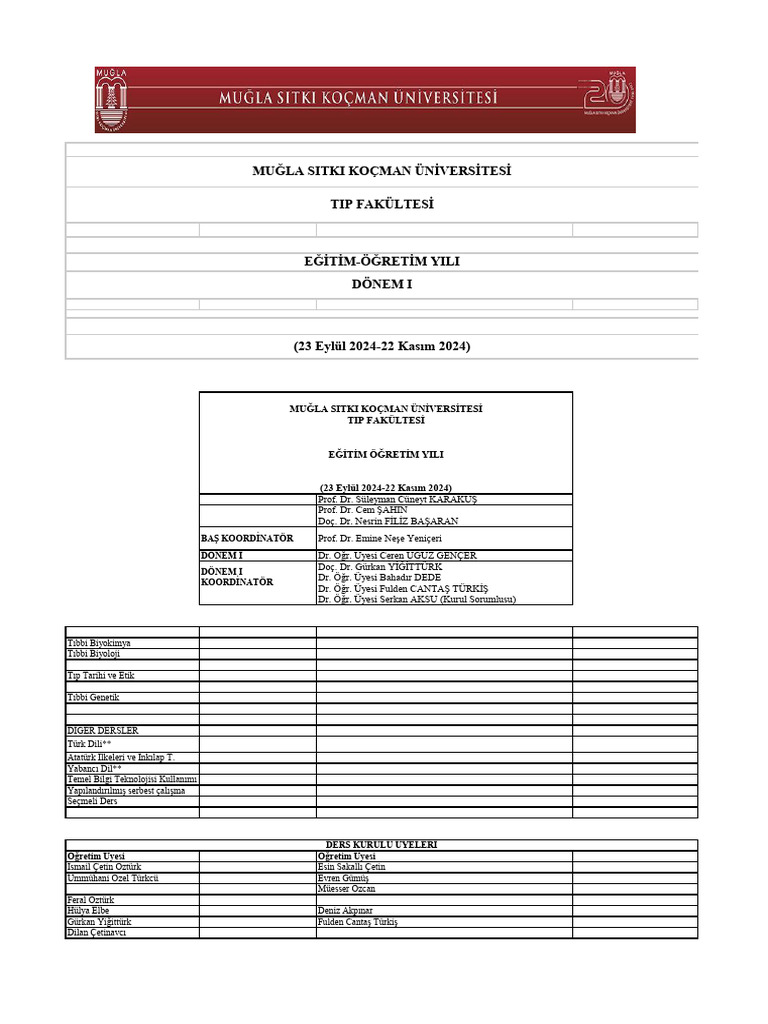 DÖNEM 1 KURUL 1 DERS PROGRAMI (2024-2025) - 28 Ağustos | PDF