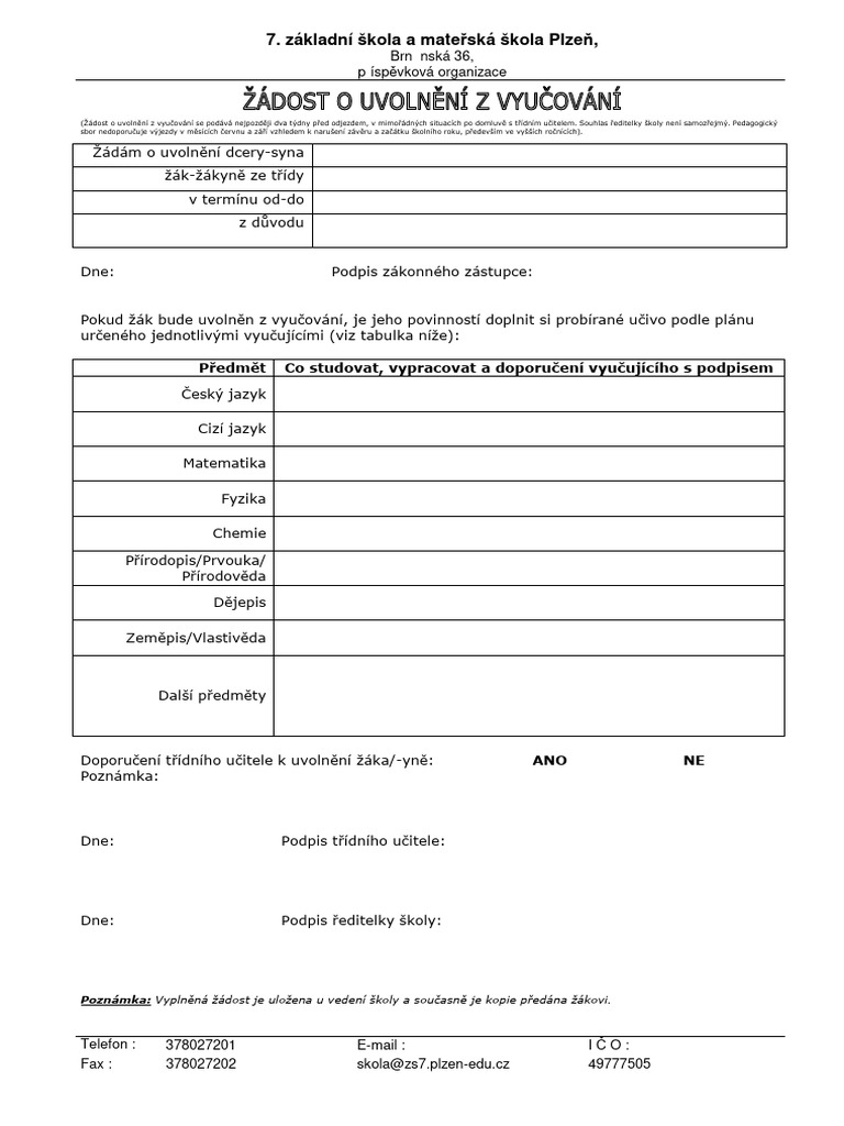 Zadost o Uvolneni Z Vyucovani | PDF
