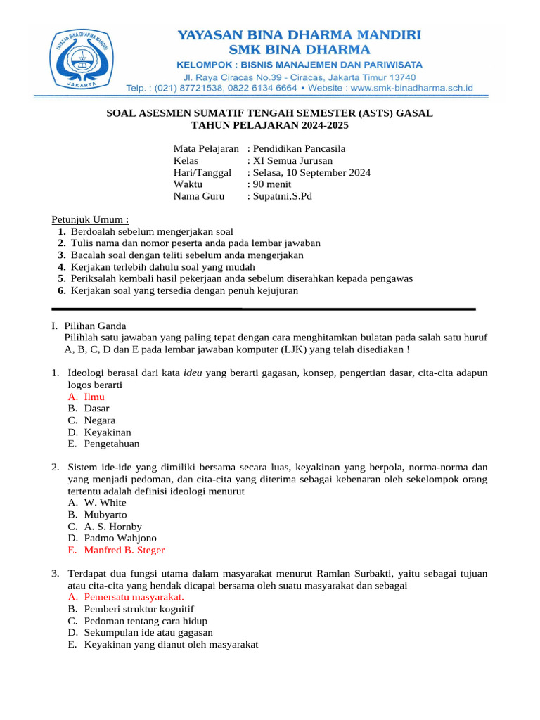Soal Asts Gasal Pkn Kelas 11 2024-2025 | PDF