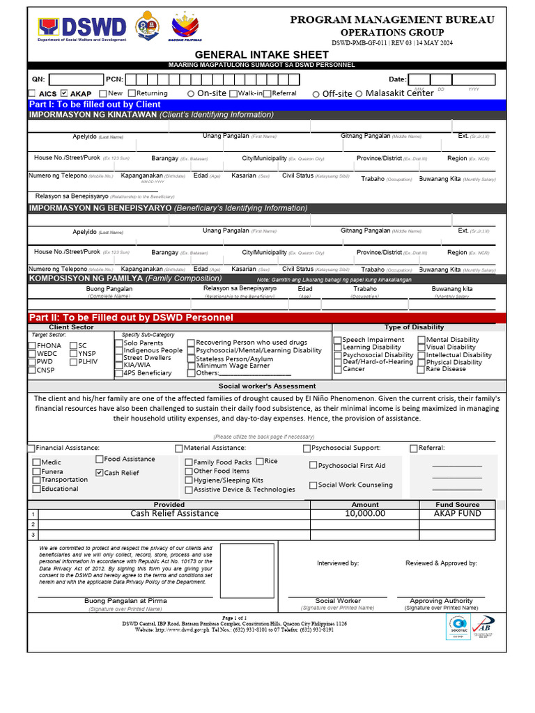 DSWD PMB GF 011 - REV 03 - AICS General Intake Sheet With Added Option of AKAP AICS MC 2 4 | PDF
