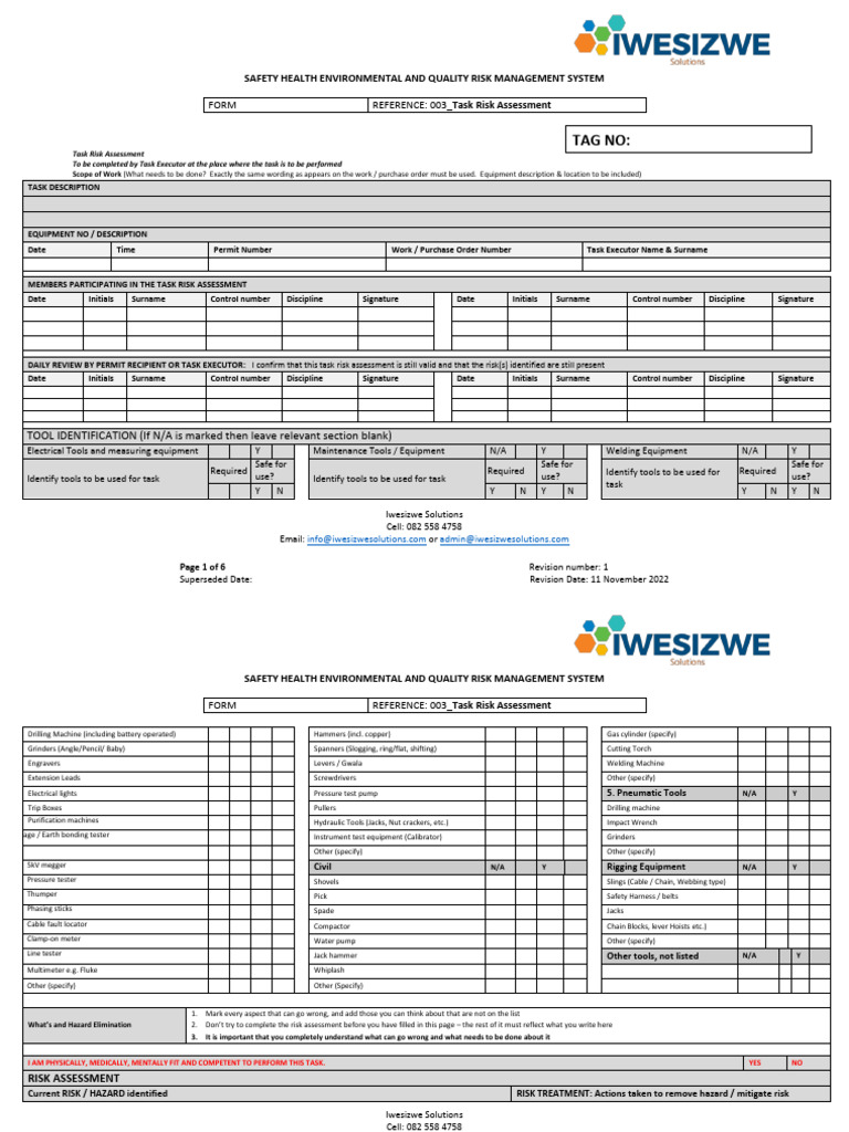 Form 003 Task Risk Assessment - Rev1 | PDF