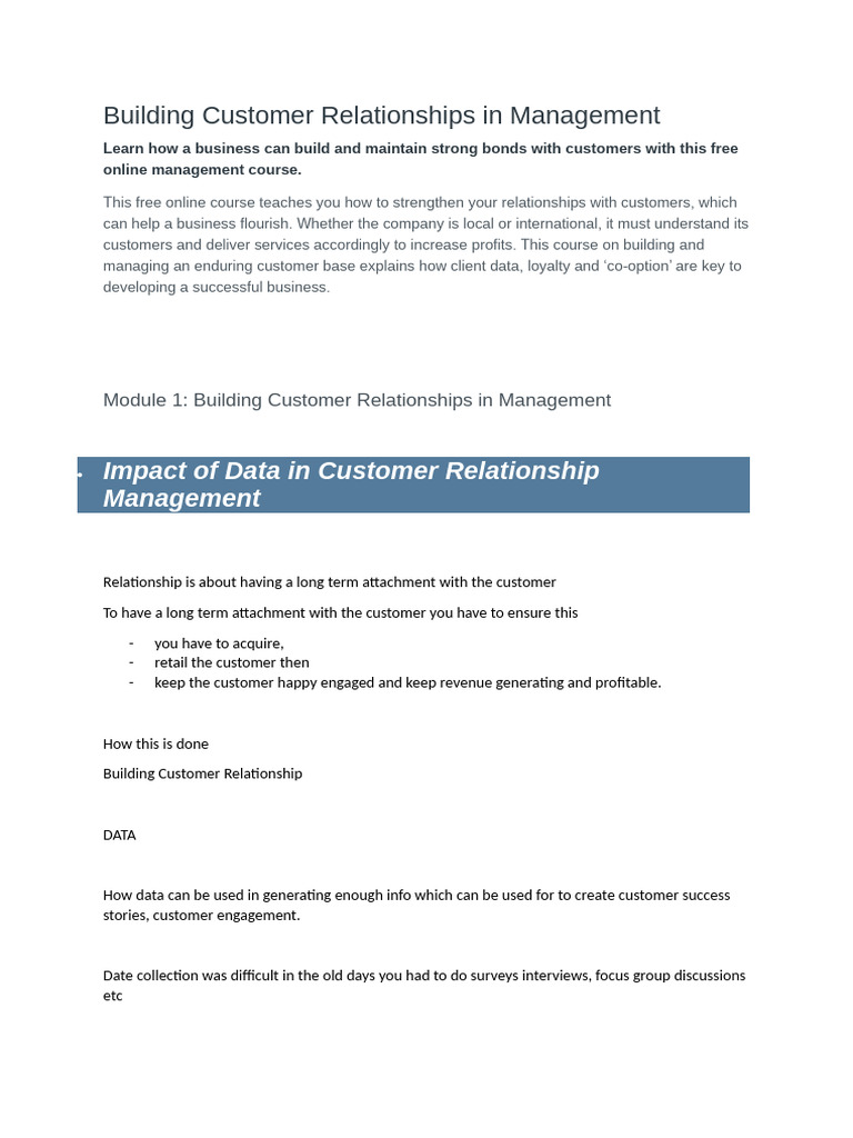 Building Customer Relationships in Management | PDF
