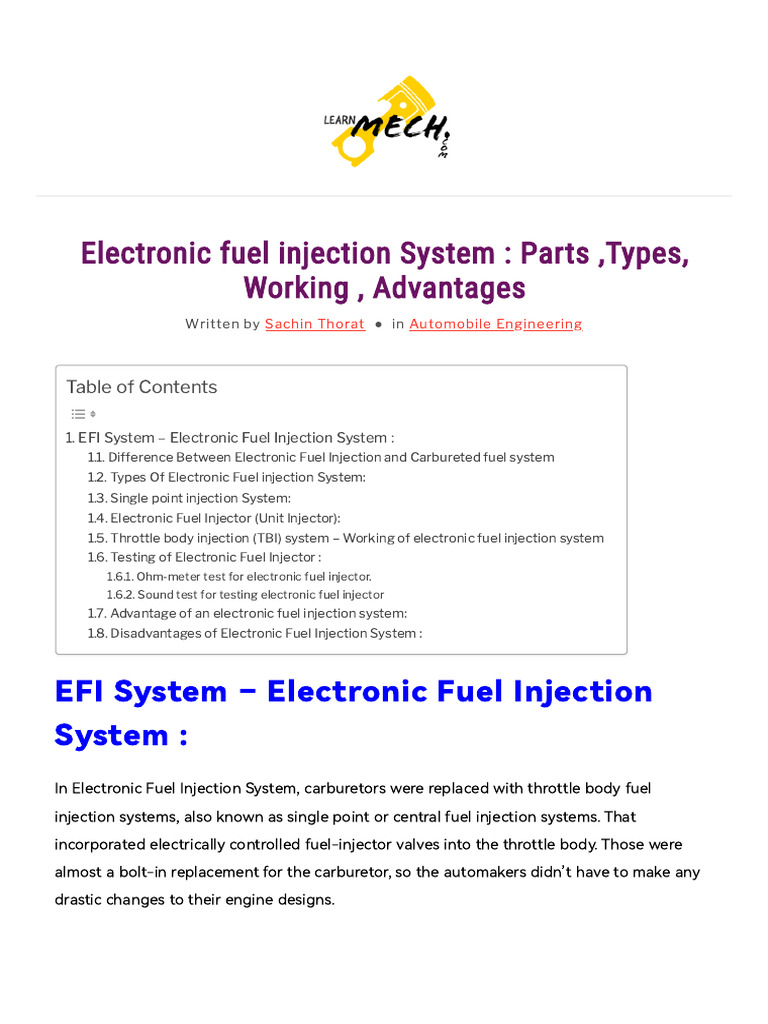Electronic Fuel Injection System - Parts, Types, Working, Advan | PDF