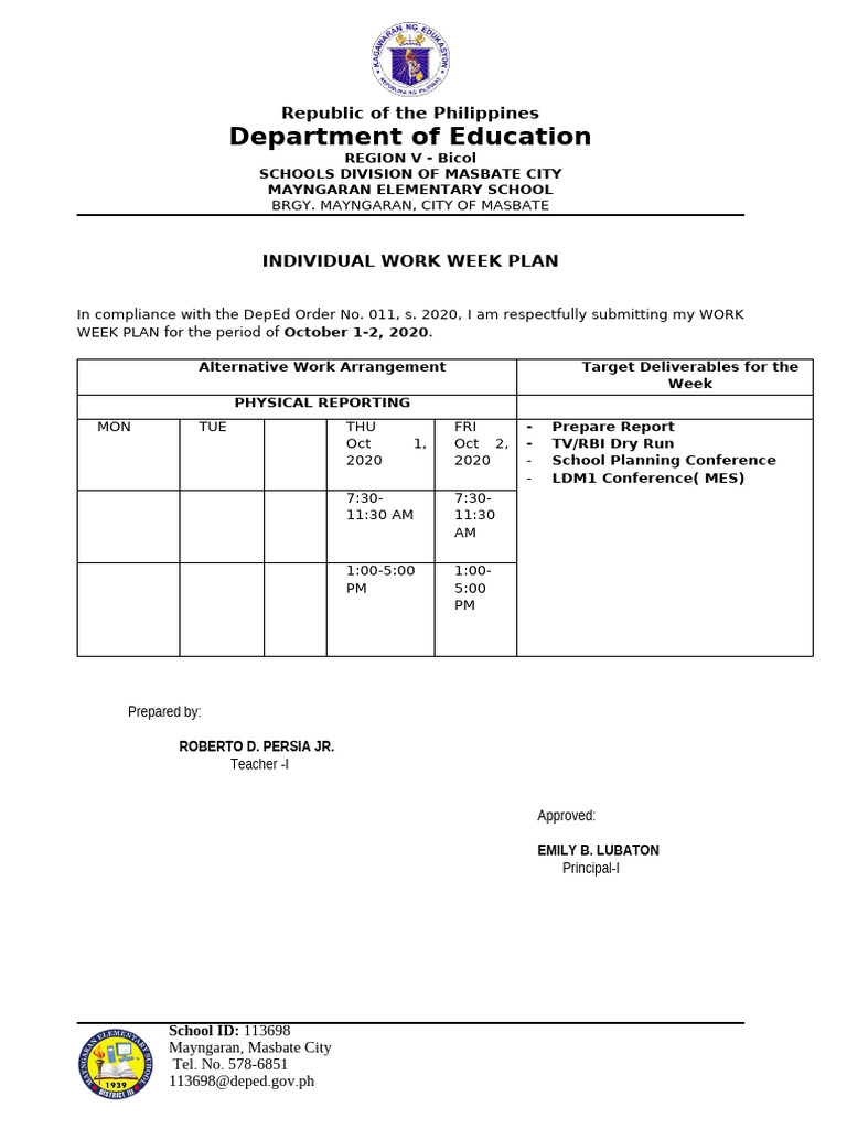 WORKWEEK PLAN Oct 2020 | PDF
