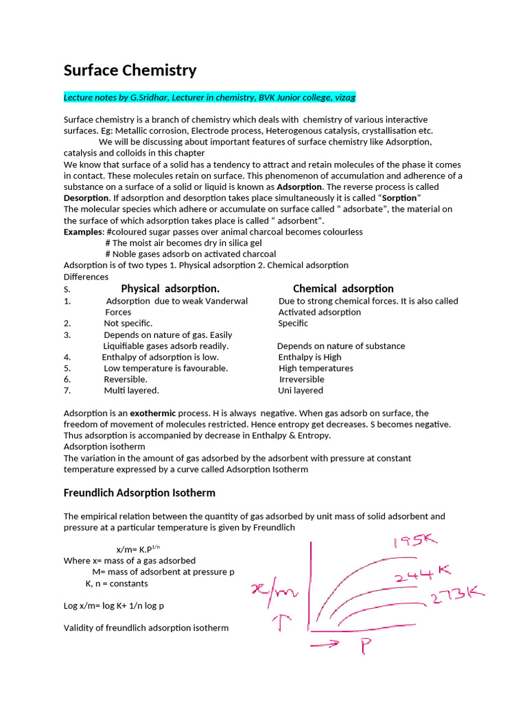 Surface Chemistry Lecture Notes | PDF