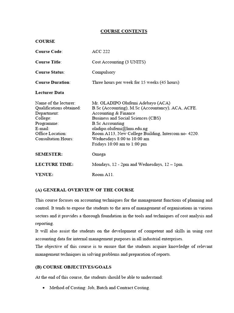 Course Contents For Acc 222 | PDF | Accounting | Budget