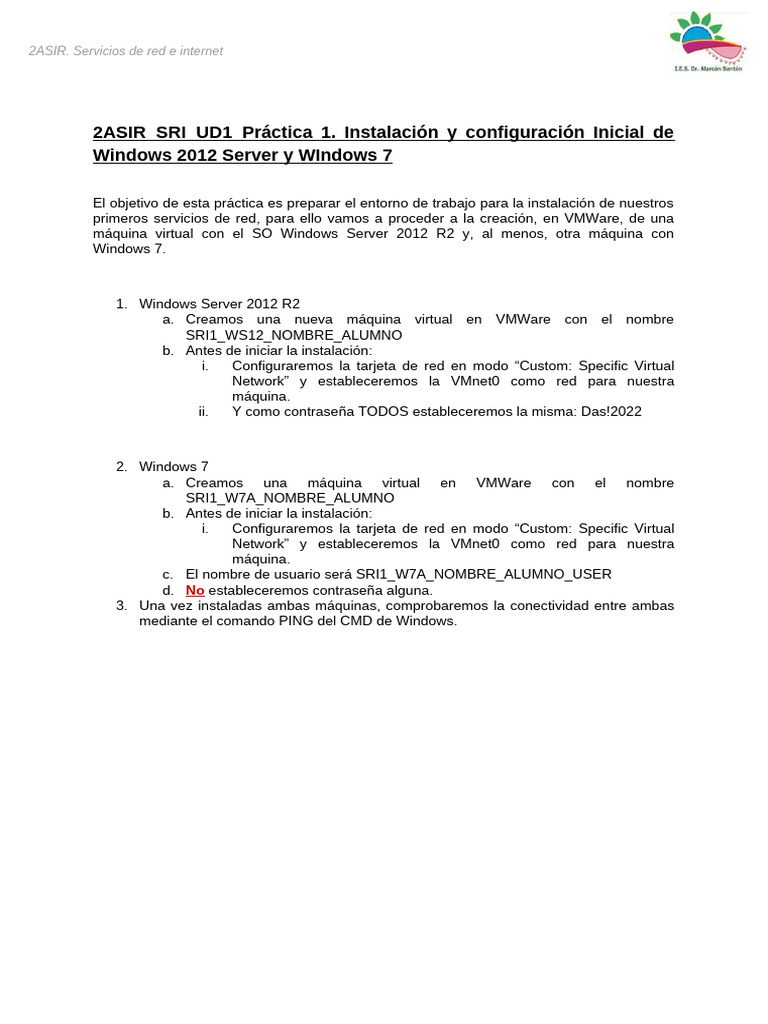 2ASIR - SRI - UD1 - Práctica 1. Instalación y Configuración Inicial de Windows 2012 Server y ...