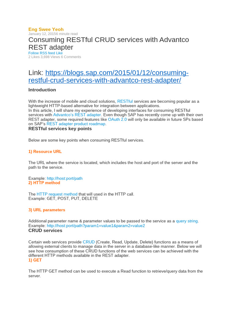 Consuming RESTful CRUD Services With Advantco REST Adapter | PDF Consuming RESTful CRUD Services With Advantco REST Adapter | PDF