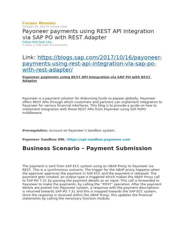 Payoneer Payments Using REST API Integration Via SAP PO With REST ...