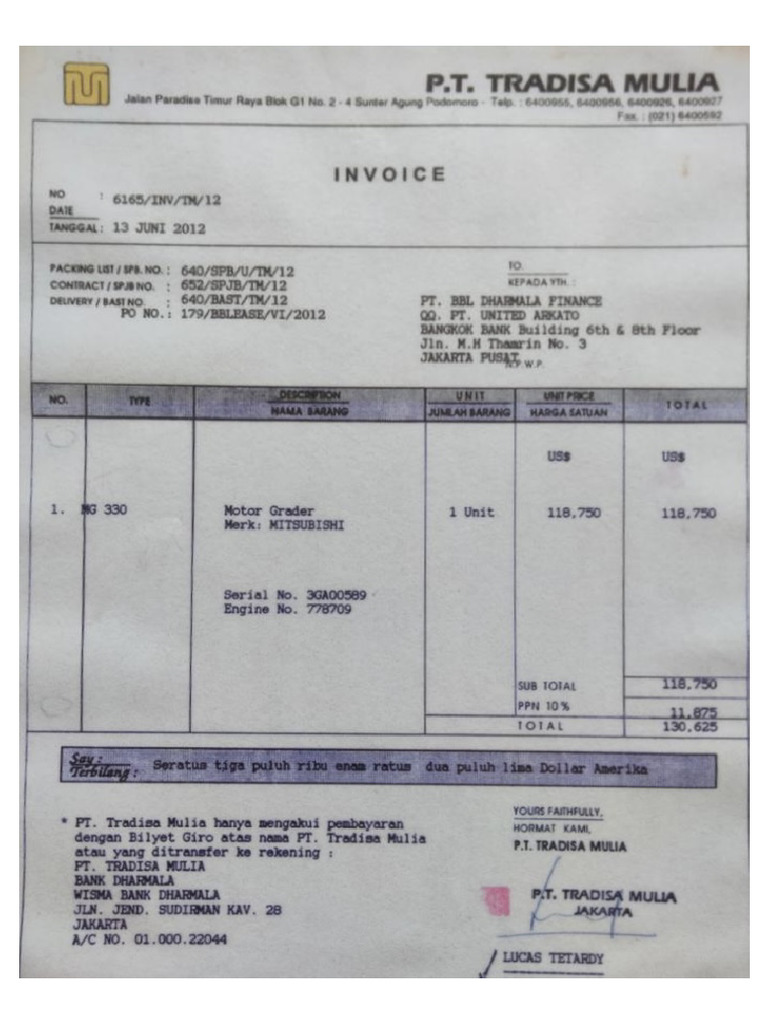 Invoice Motor Grader MG330 | PDF
