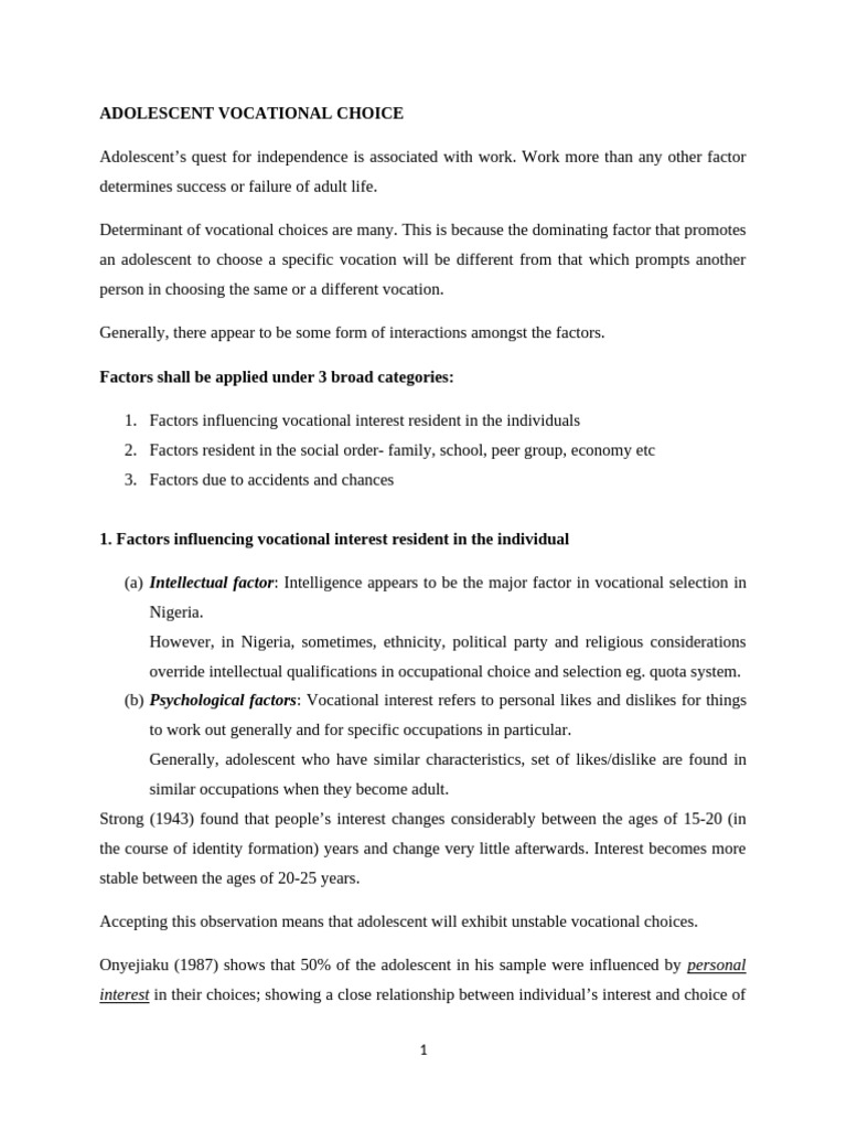 Adolescent Vocational Choices Factors | PDF | Adolescence | Social Science