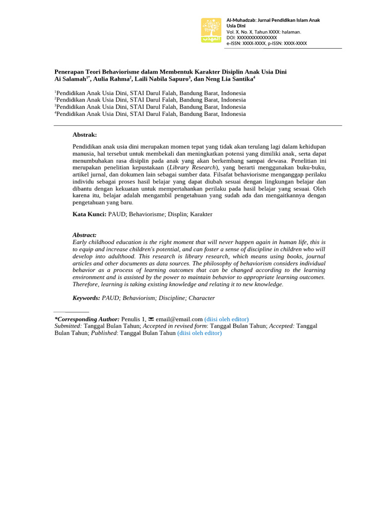 Jurnal - Kelompok 1 - Penerapan Teori Behaviorisme Dalam Membentuk Karakter Disiplin Anak Usia ...