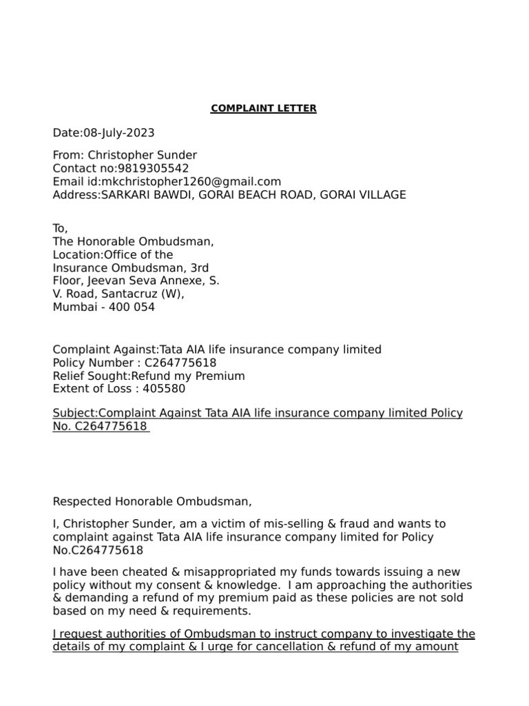 Final Complaint Form | PDF | Insurance | Life Insurance