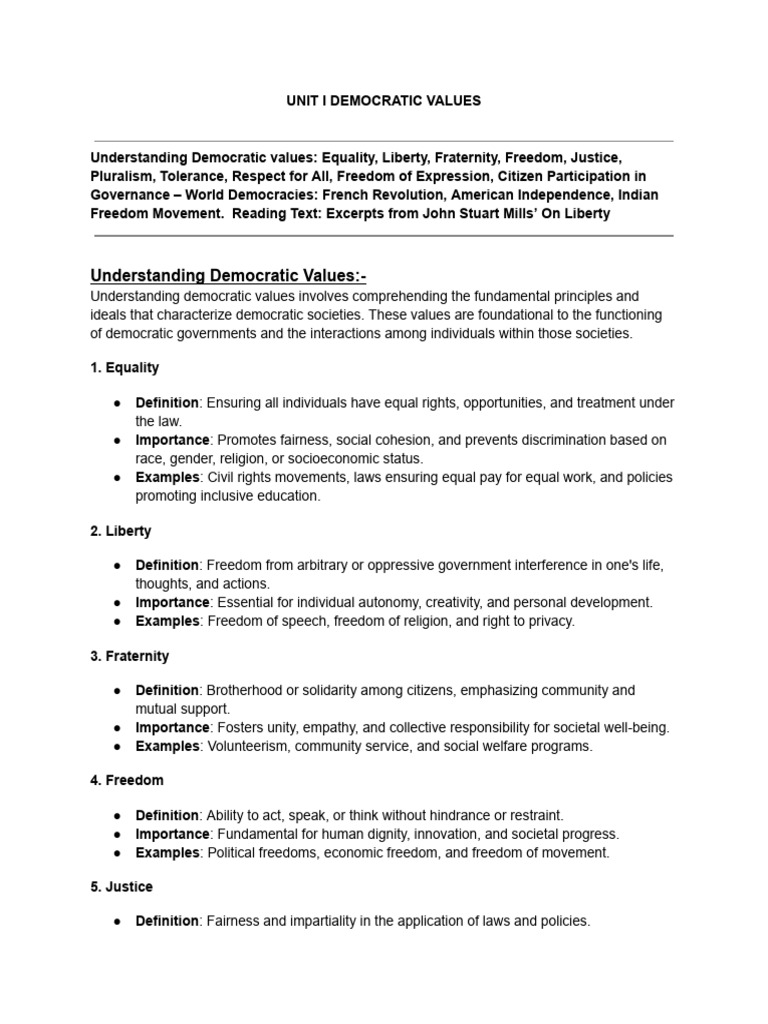 Unit I Democratic Values | PDF