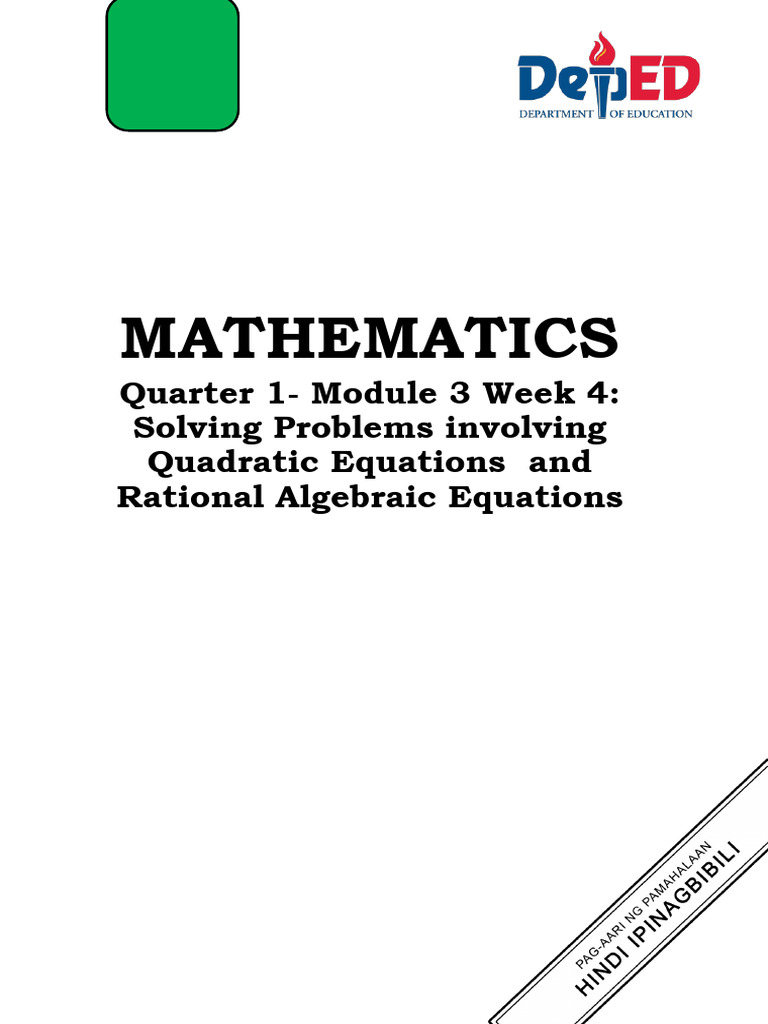 Topic 7 Solving Problems Involving Quadratic Equations Adn Rational Algebraic Equations Pdf