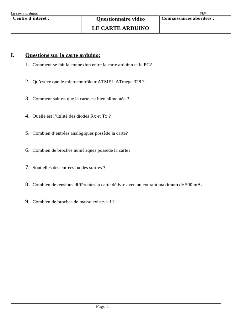 1-Questions Sur La Carte Arduino | PDF
