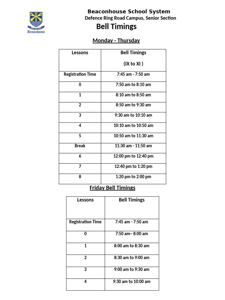 Bell Timings Senior Section 24-25 | PDF