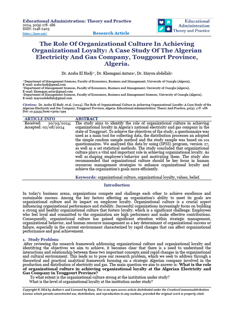 The Role of Organizational Culture in Achieving Organizational Loyalty ...