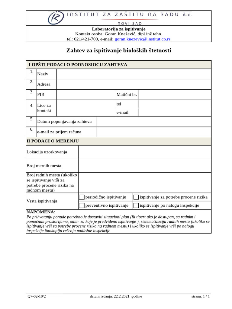 Q7!02!10 Zahtev Za Ispitivanje Bioloskih Stetnosti | PDF