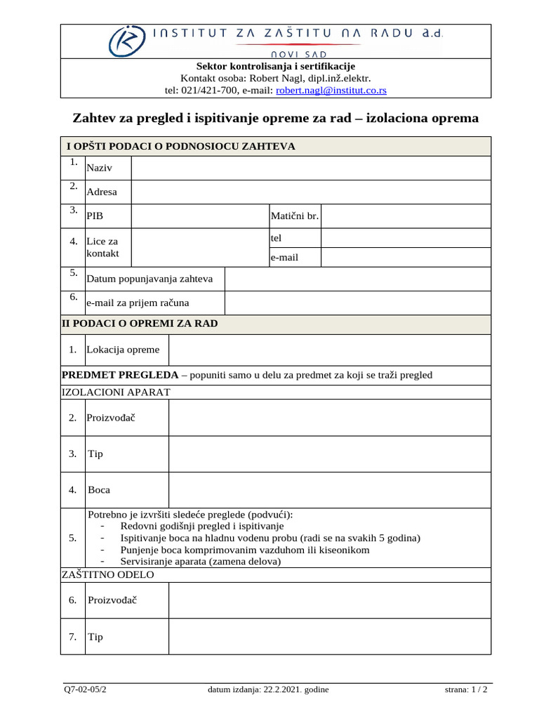 Q7!02!05 Zahtev Za Pregled I Ispitivanje Izolacionih Aparata I Odela | PDF