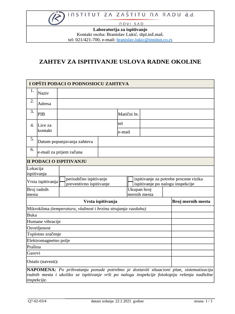 Q7!02!03 Zahtev Za Ispitivanje Uslova Radne Okoline | PDF