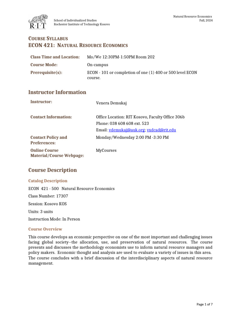 ECON-421_Natural_Resource_Economics_Syllabus_2024 | PDF