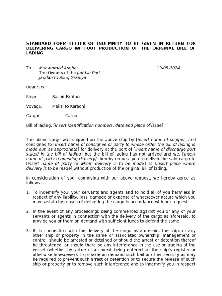 Standard Form Letter of Indemnity To Be Given in Return For Delivering ...