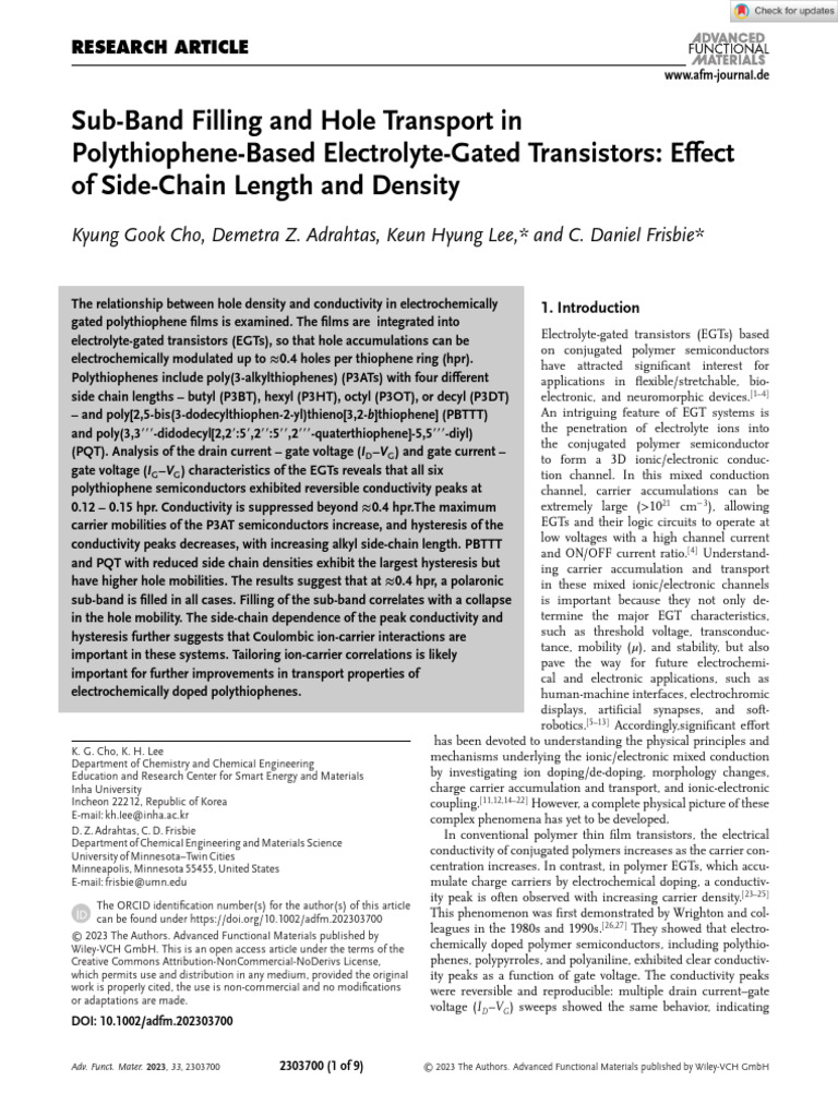 Adv Funct Materials - 2023 - Cho - Sub Band Filling and Hole Transport ...