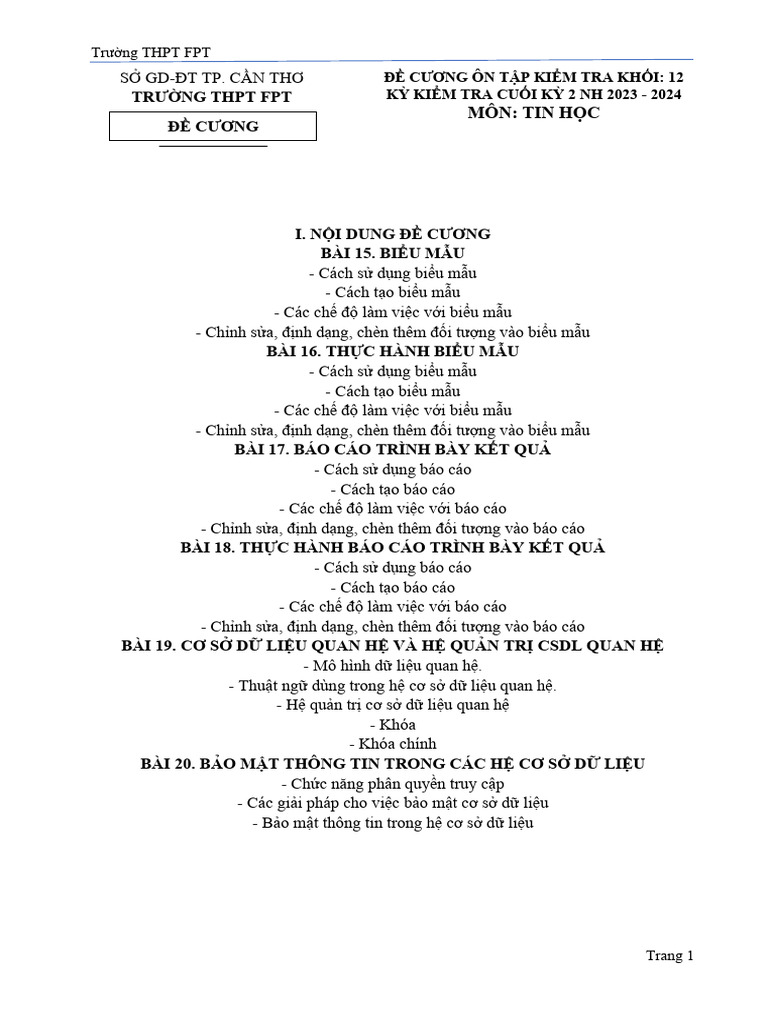 (K12) ĐỀ CƯƠNG TIN HỌC CK2 | PDF