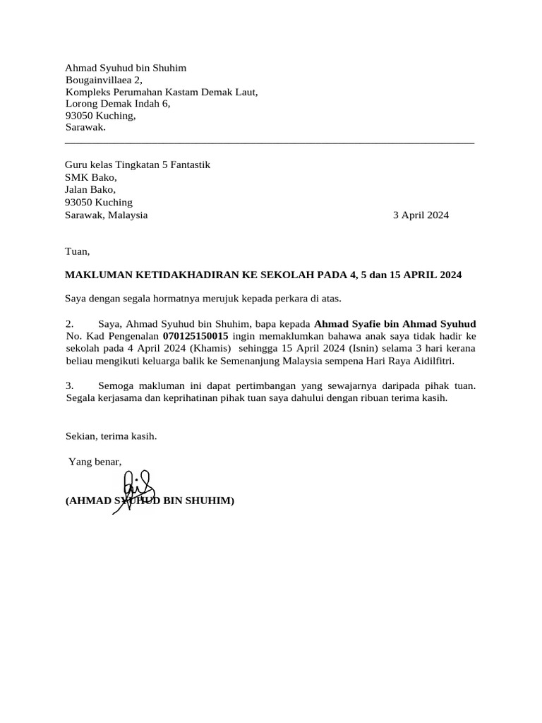 Surat Mohon Cuti Ahmad Syafie | PDF