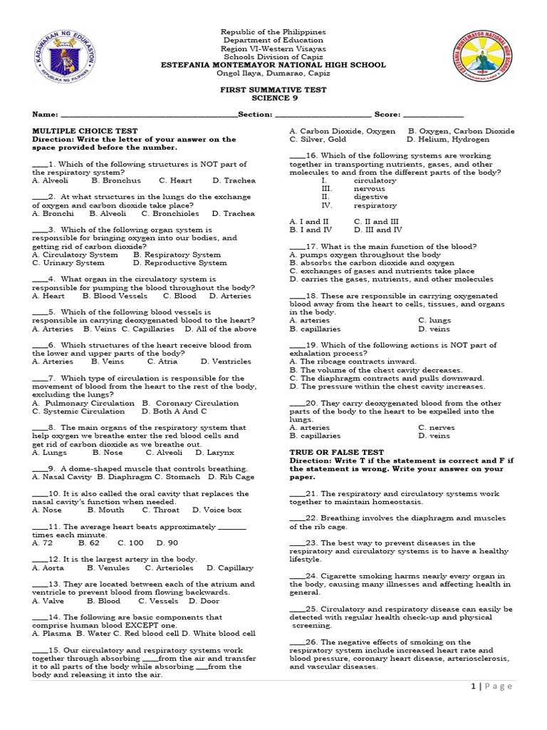 Science 9 Summative Test | PDF
