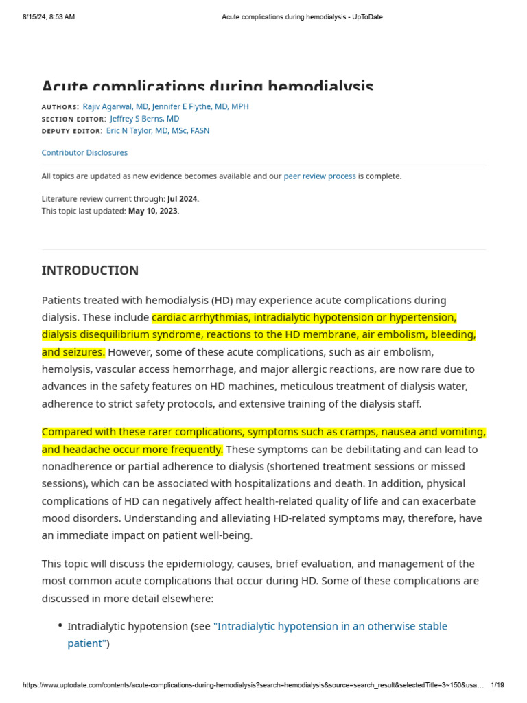 Acute Complications During Hemodialysis - UpToDate | PDF | Hemodialysis ...