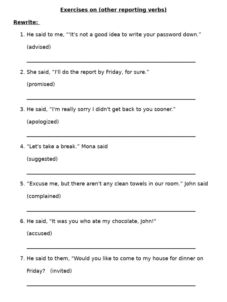 Other Reporting Verbs Exercises | PDF