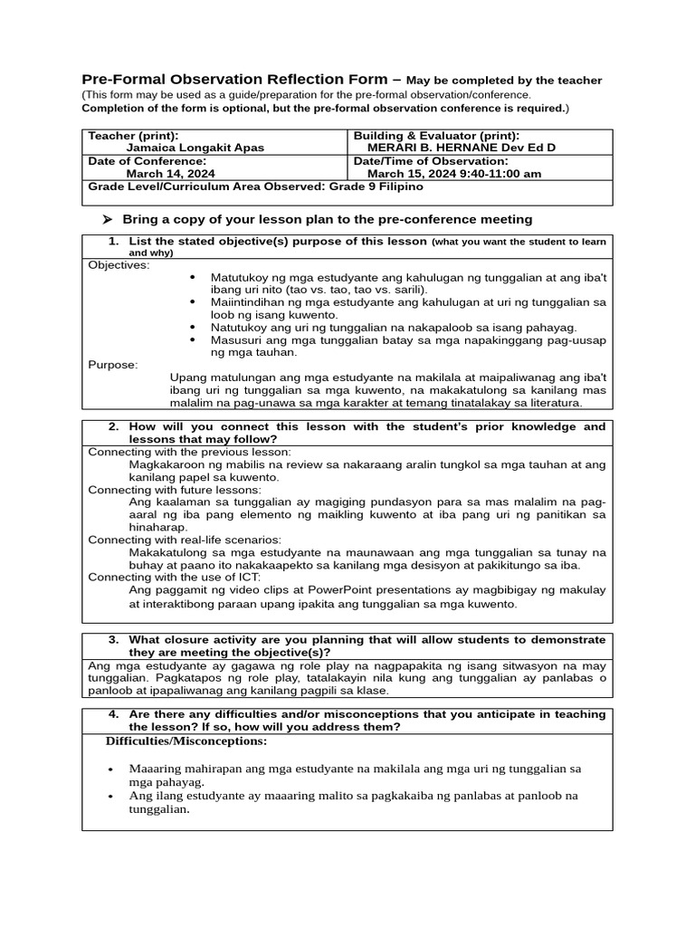 Pre-Formal-Observation-Reflection - Cot 3 | PDF | Lesson Plan | Career ...