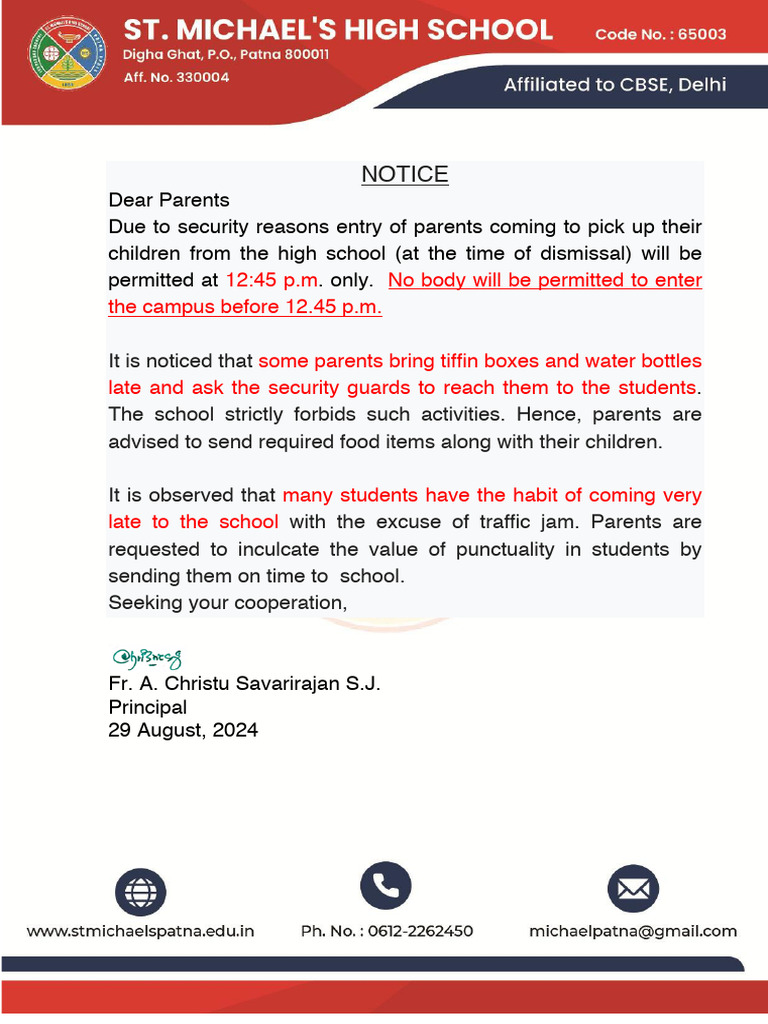 Notice To Parents - 29 Aug 24 | PDF