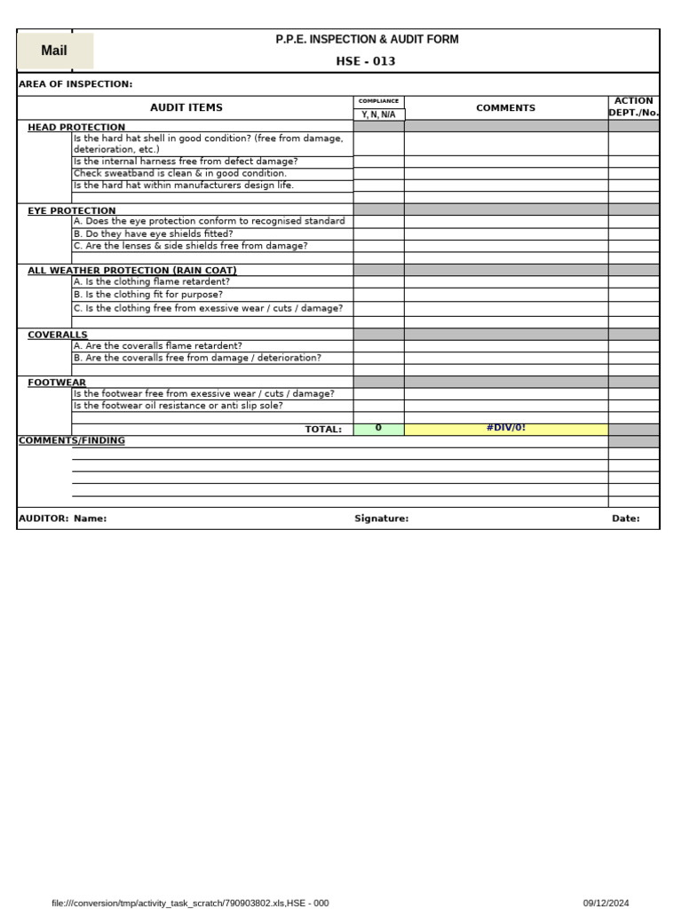 HSE-013 - Inspection of P.P.E. Form | PDF