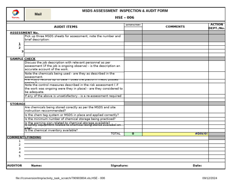 HSE-006 - MSDS Assessment Inspection & Audit Form | PDF