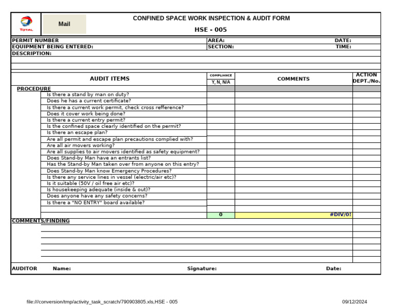 HSE-005 - Confined Space Work Inspection & Audit Form | PDF